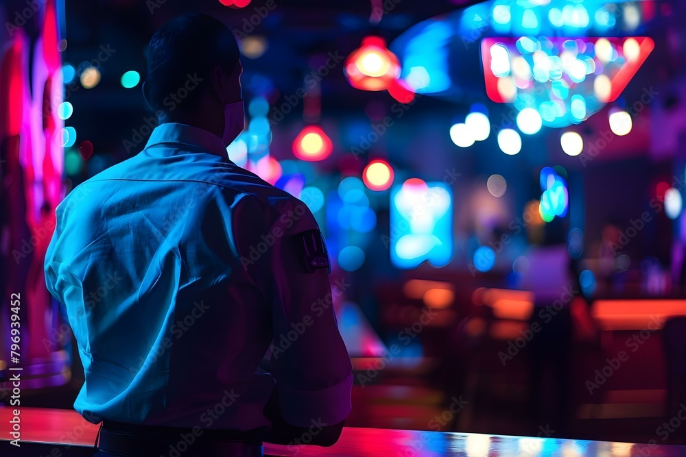 Security guard watches over busy nightclub to ensure safety and order ...