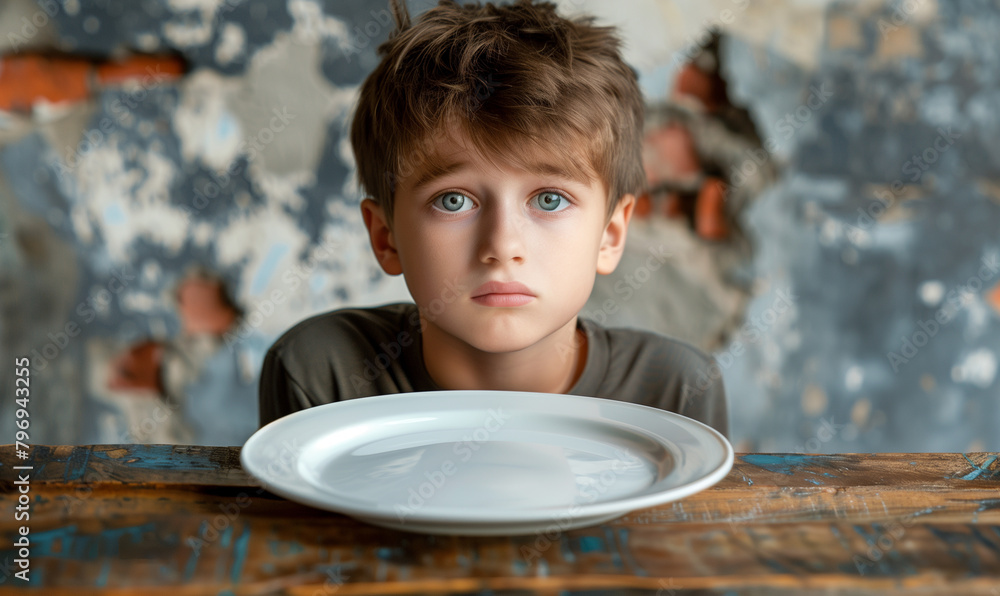 A young boy looking at his empty plate with a look of hunger and ...