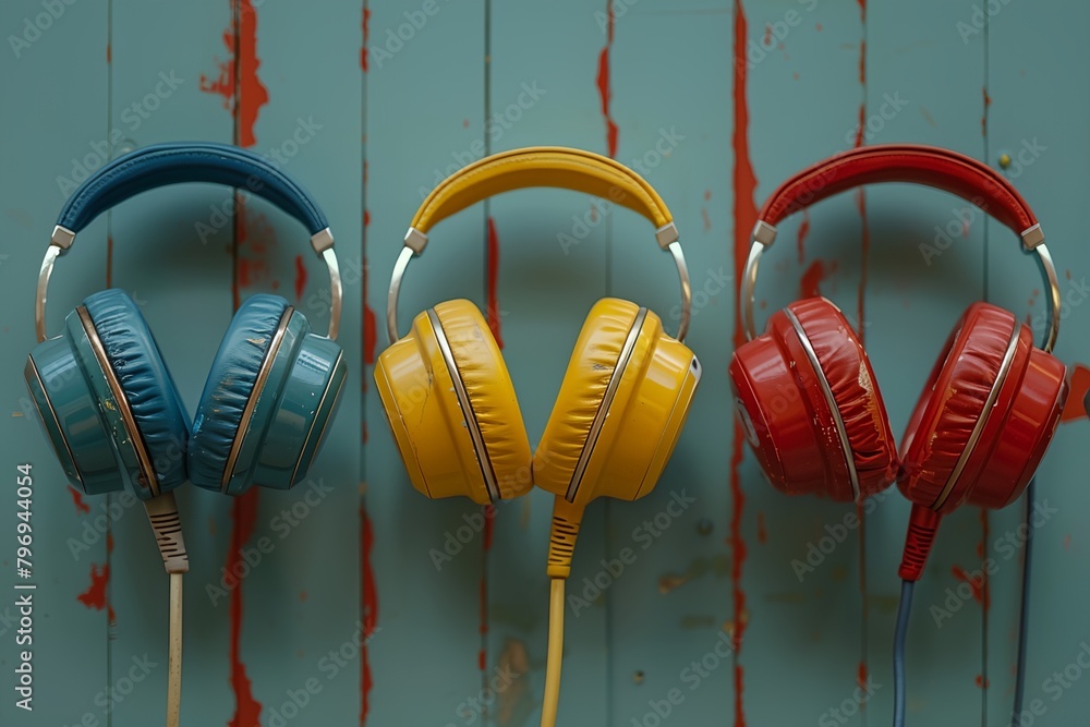 three headphones are lined up against a wall with a paint peeling off ...