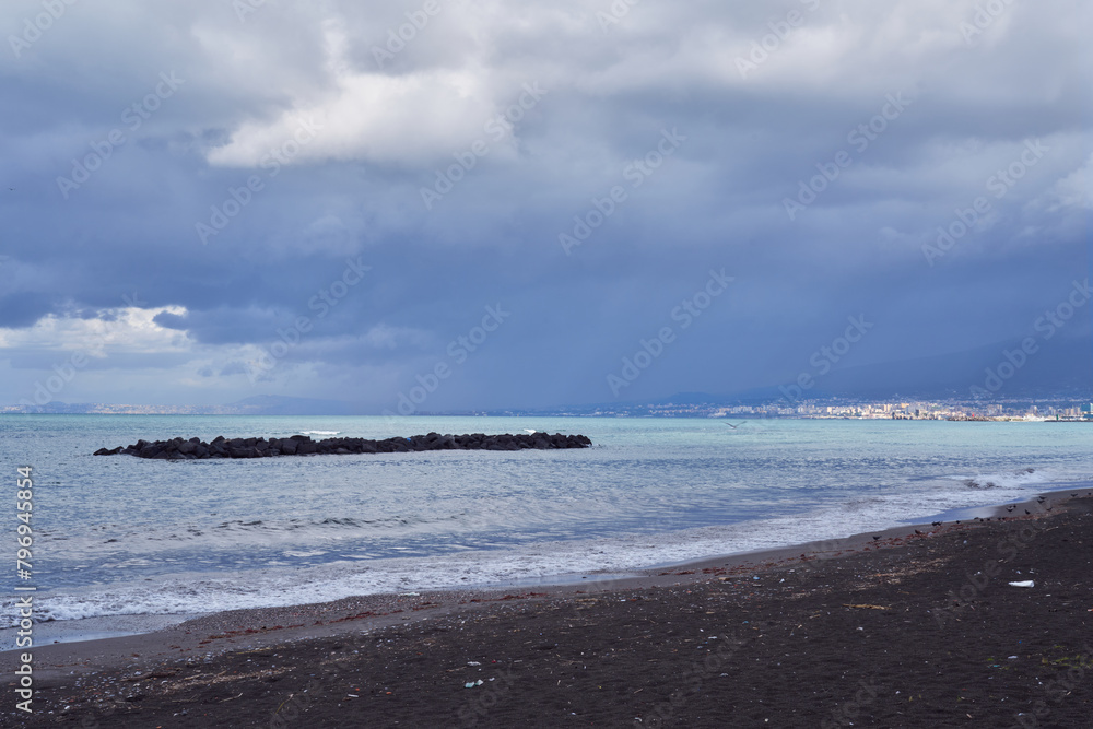 The beach of Castellammare di Stabia and Mount Vesuvius (monte Vesuvio ...