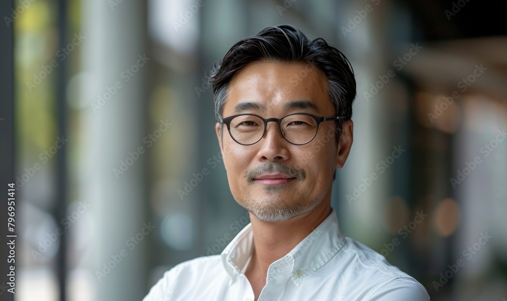 Handsome 45 years old gentle Korean man, wearing glasses, formal slick ...