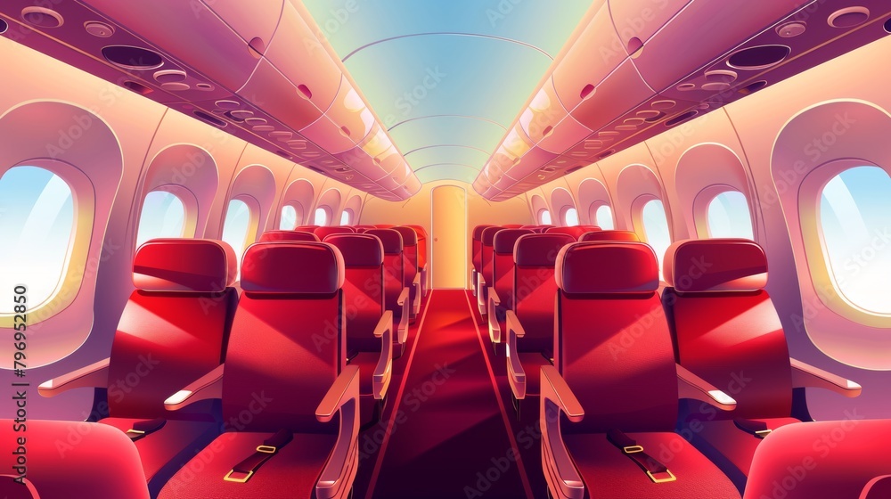 Vector illustration of the red interior of a passenger airplane cabin ...