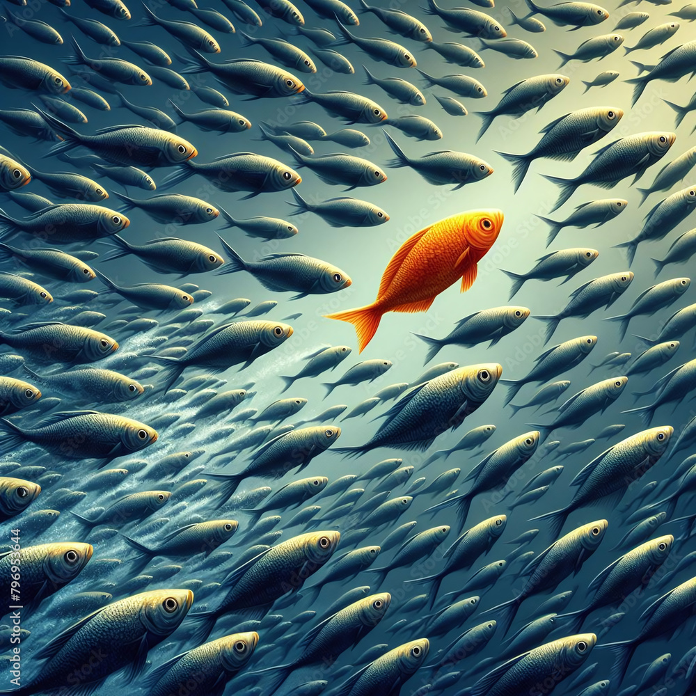 Foto de A symbolic depiction showing a single orange fish swimming in ...