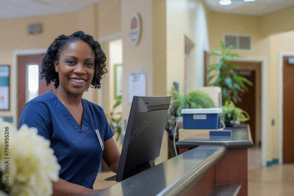 A nurse stationed at the reception desk in the waiting room ...
