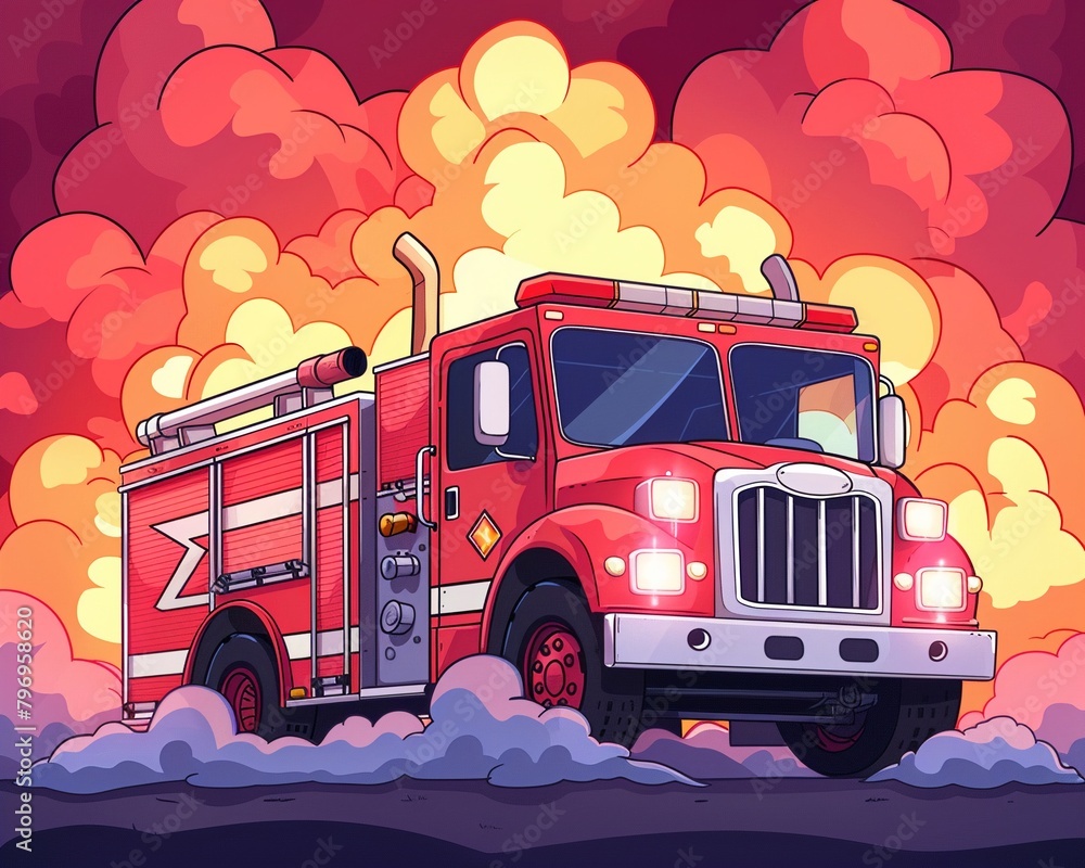 This cartoon rendering features a fire truck car against a dynamic ...