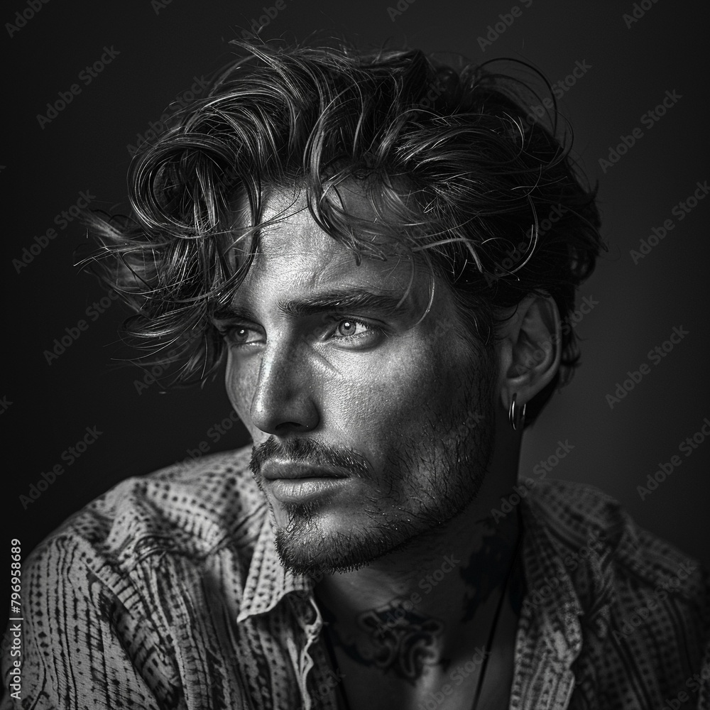 This grayscale portrayal captures a man in a fashionable shirt and a ...