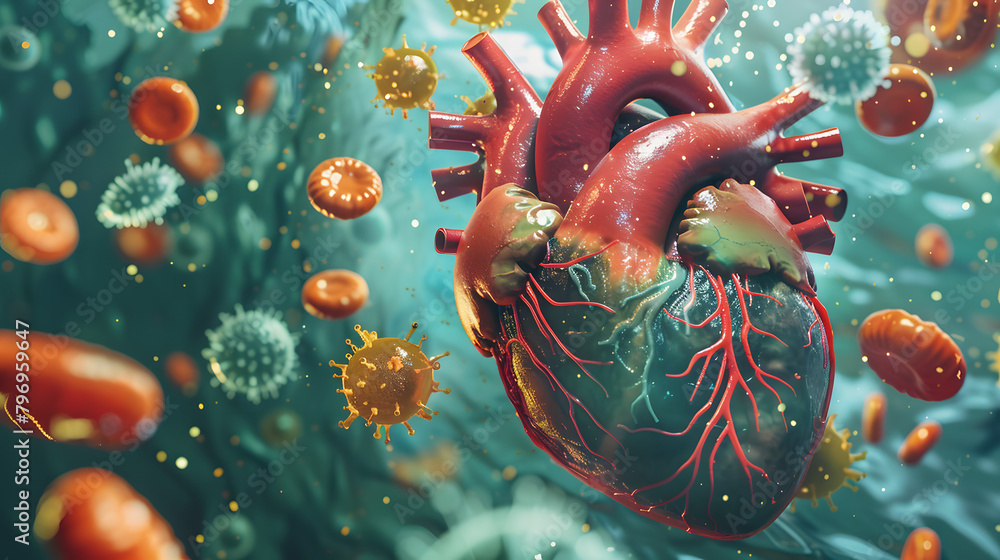 3D rendering of a human heart and platelets with bacteria illustration ...