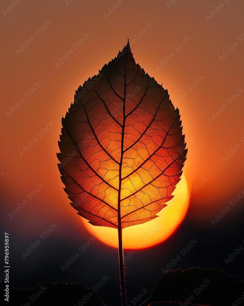 A single leaf is held up in front of the setting sun. The leaf is ...