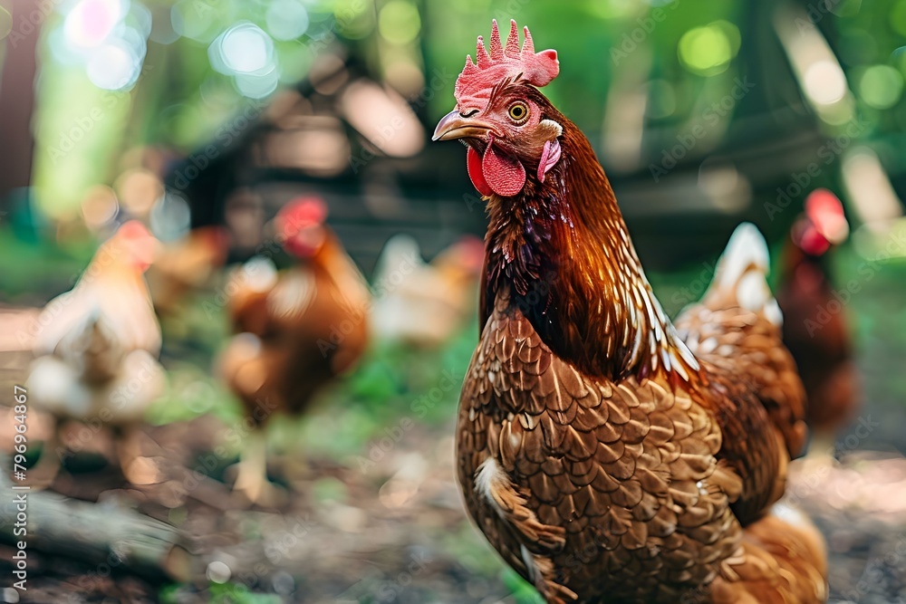 Busy poultry farm with many chickens roaming around the poultry house ...