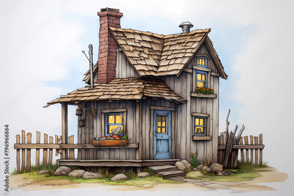 Saltbox Style House (Cartoon Colored Pencil) - Originated in the 17th ...