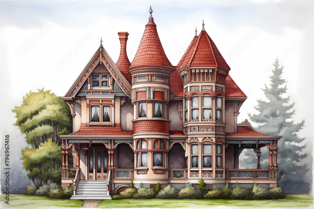 Victorian Queen Anne Style House (Cartoon Colored Pencil) - England in ...