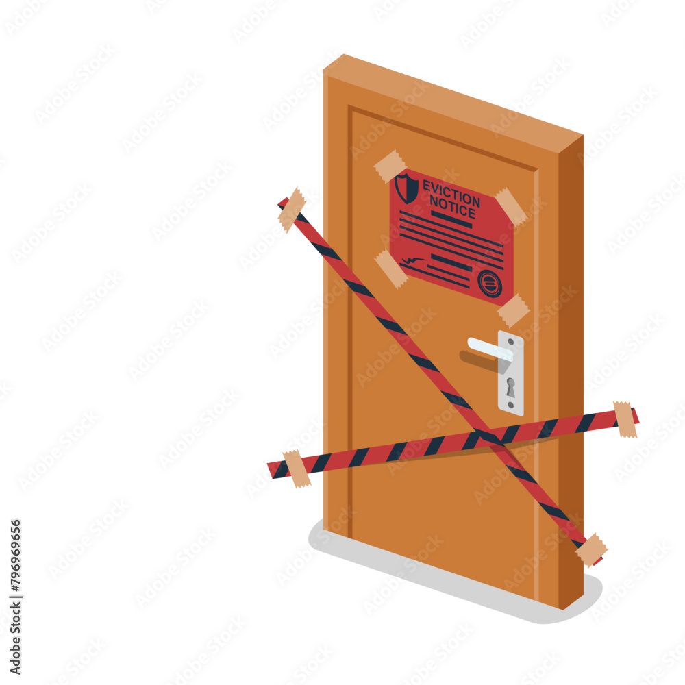 Eviction notice, white sheet on door. Stop sign at the entrance. Key in ...