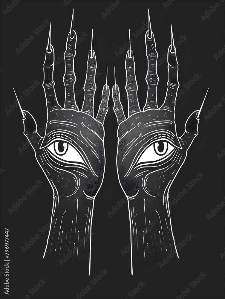 outlined DEMONIC HANDS prying open eyes, satanic imagery. outline ...