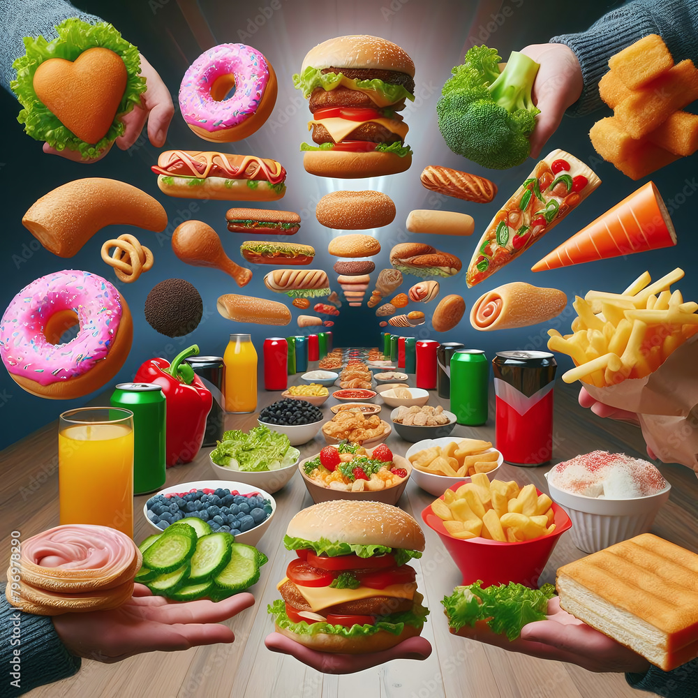 An assortment of floating junk food items presented in a surreal ...