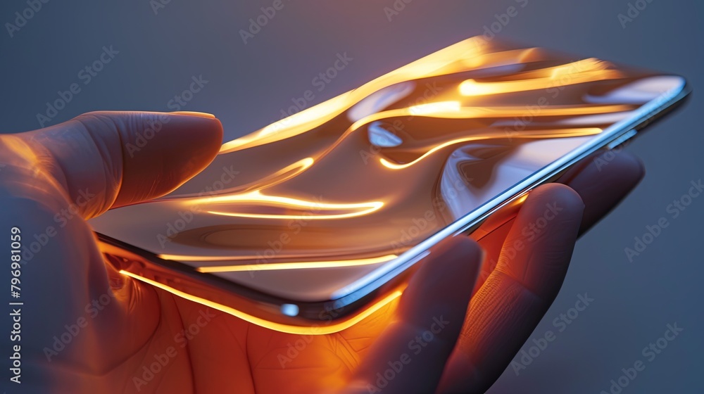 The hand holds a realistic cell phone with a bright screen saver on the ...