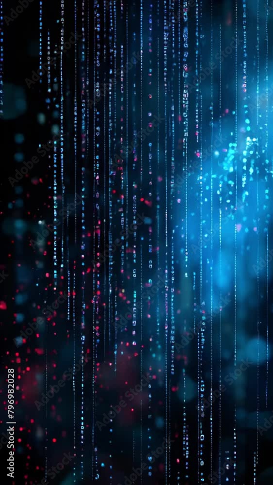 Digital rain of code, Blue matrix style binary streams depicting data flow and cyber security ...