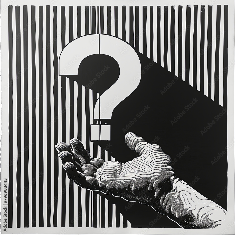 A hand holding a question mark. Searching for answers. Time to think ...