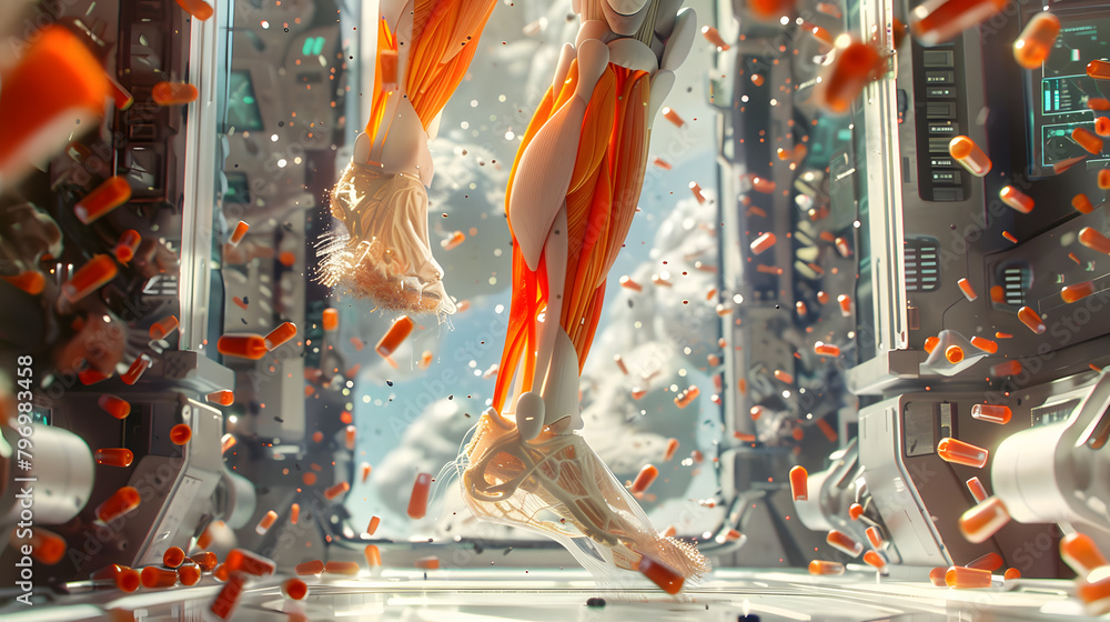 3D visualization of a human calf encompassed by strange medical screens ...