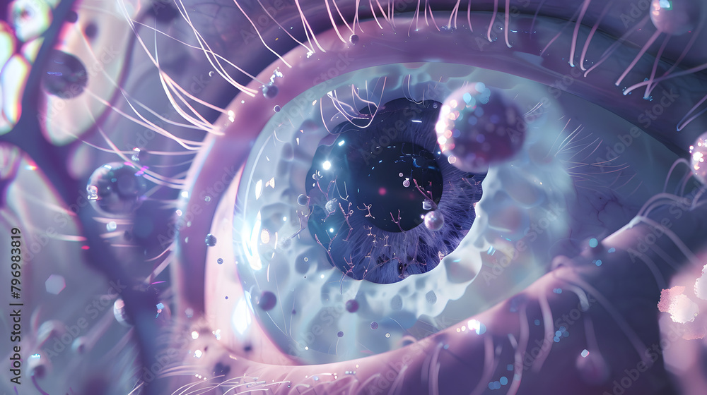 3D visualization of a human eye encompassed by strange medical panels ...