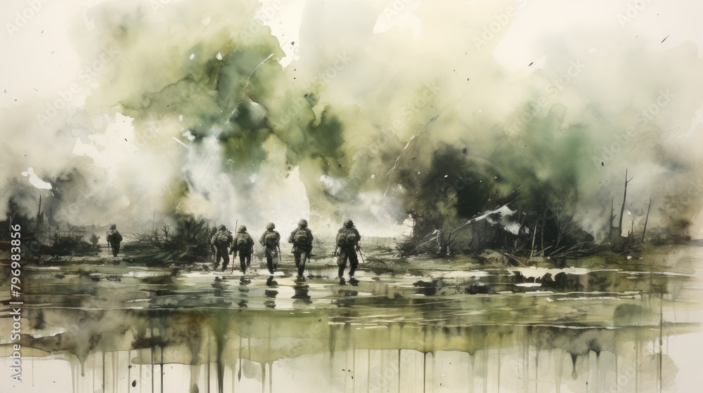 Combat infantry attack the enemy. Fully equipped soldiers of war run ...