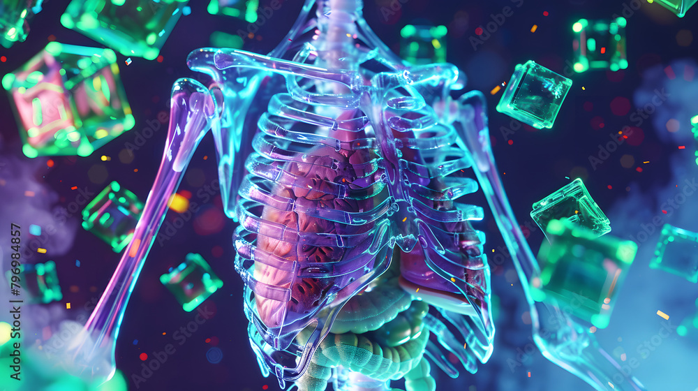 3D visualization of a human ribcage encased in peculiar medical panels ...
