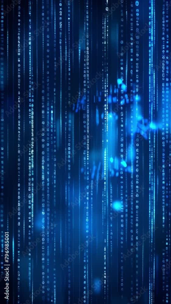 Digital rain of code, Blue matrix style binary streams depicting data flow and cyber security ...