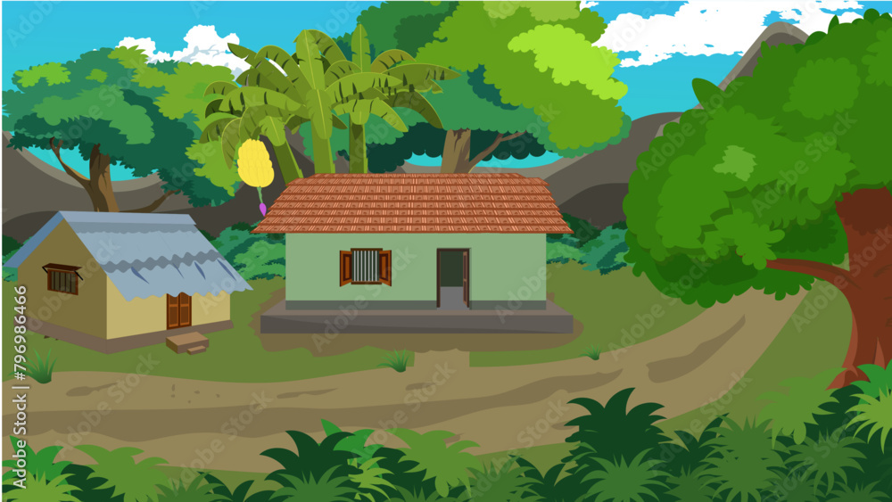 Indian village landscape for cartoon , Indian style village house ...