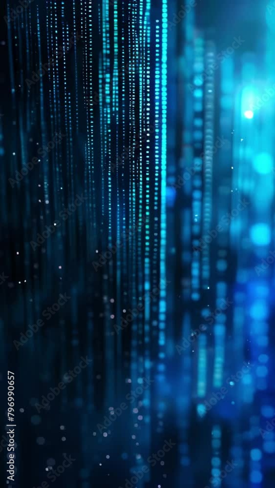 Digital rain of code, Blue matrix style binary streams depicting data flow and cyber security ...