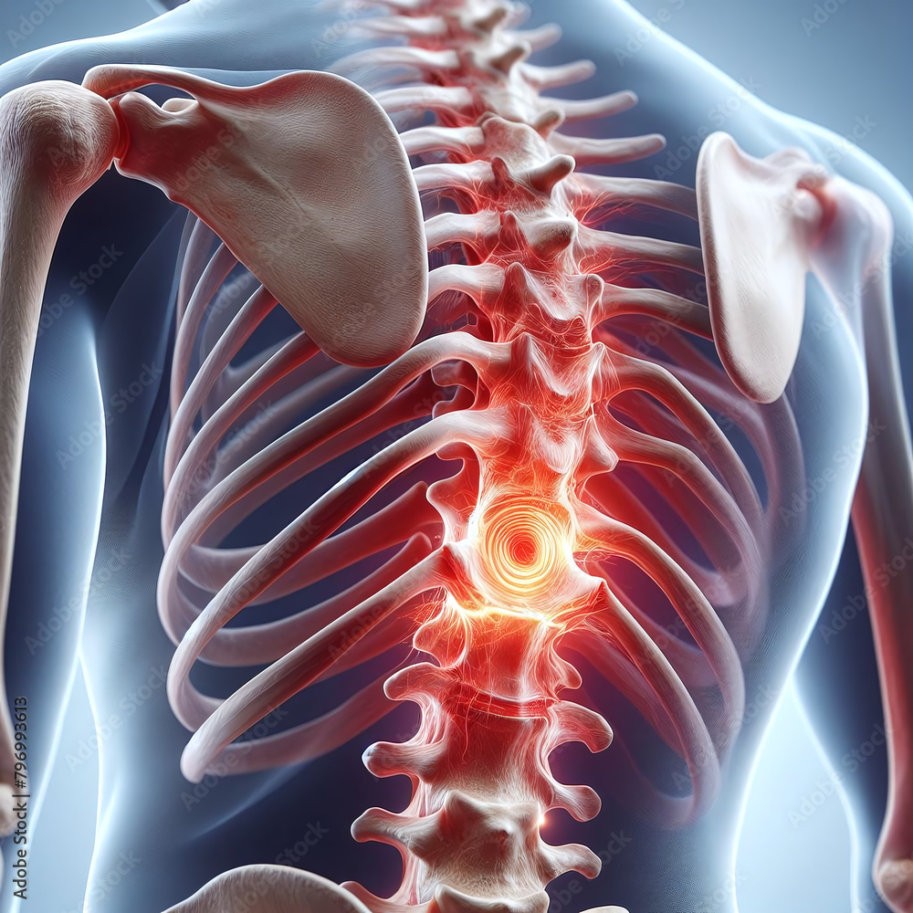 3D illustration depicting human torso with a focus on spinal pain ...