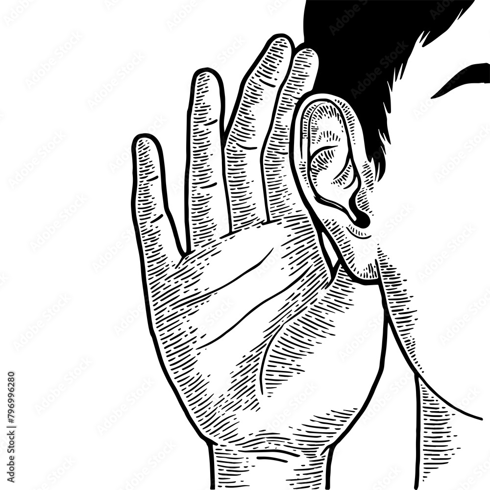 Hand near ear to hear better sketch line art engraving PNG illustration ...