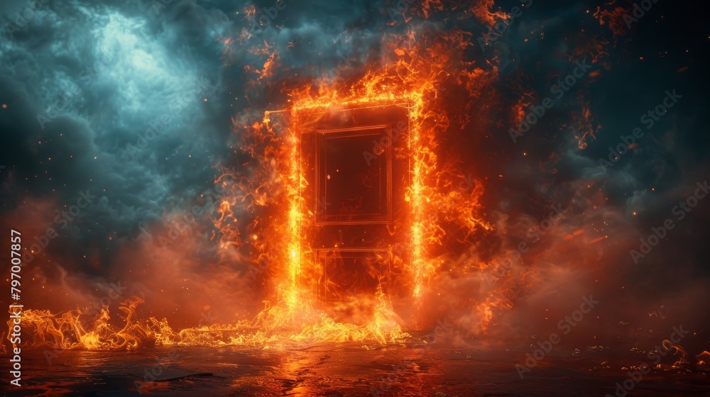Fiery gateway in a dramatic landscape with swirling clouds and intense ...