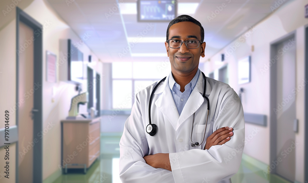 A confident Indian doctor stands in the background of the hospital ...