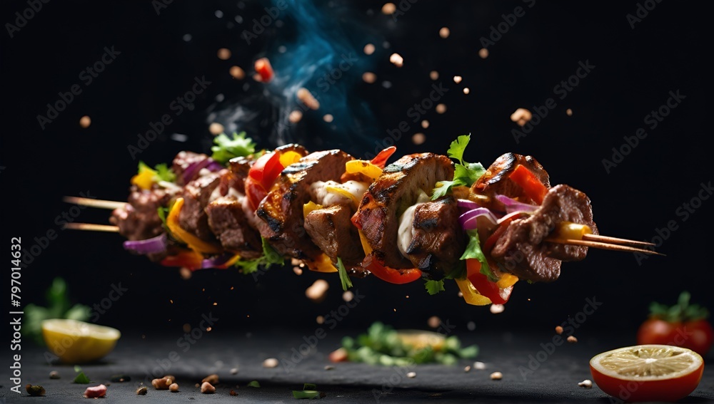 Kebab - grilled meat skewers, shish kebab with vegetables floating in ...