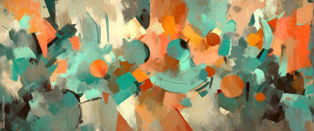 Featuring a play of geometric shapes and vibrant colors, this image ...