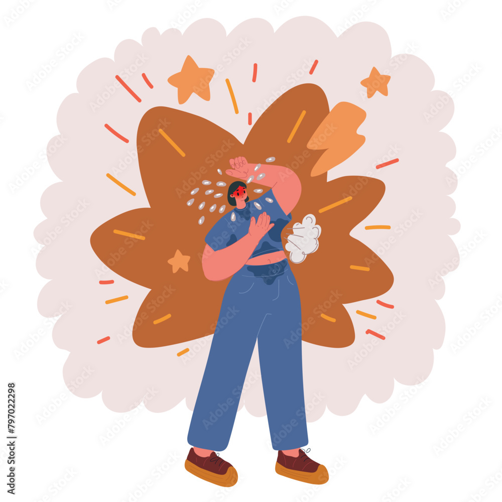 Cartoon vector illustration of Mature woman experiencing hot flush from ...