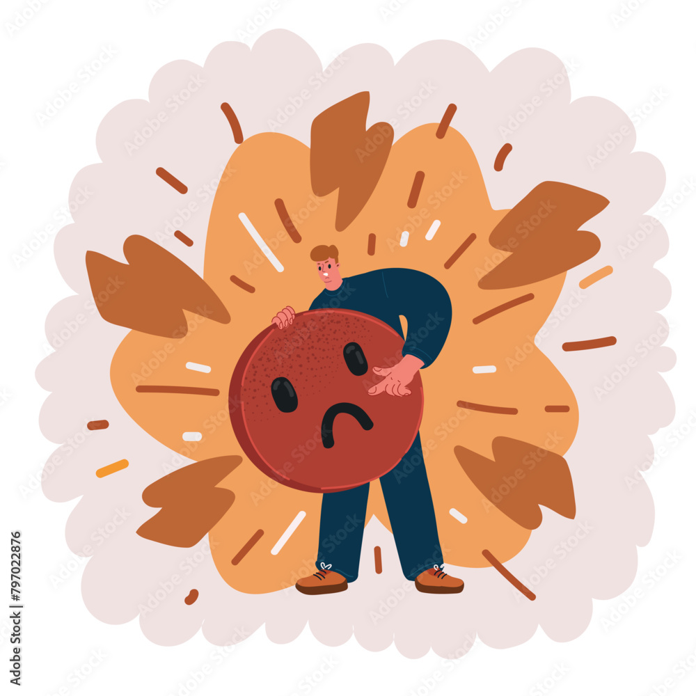 Cartoon vector illustration of man hold sad emoji. Dissatisfied ...