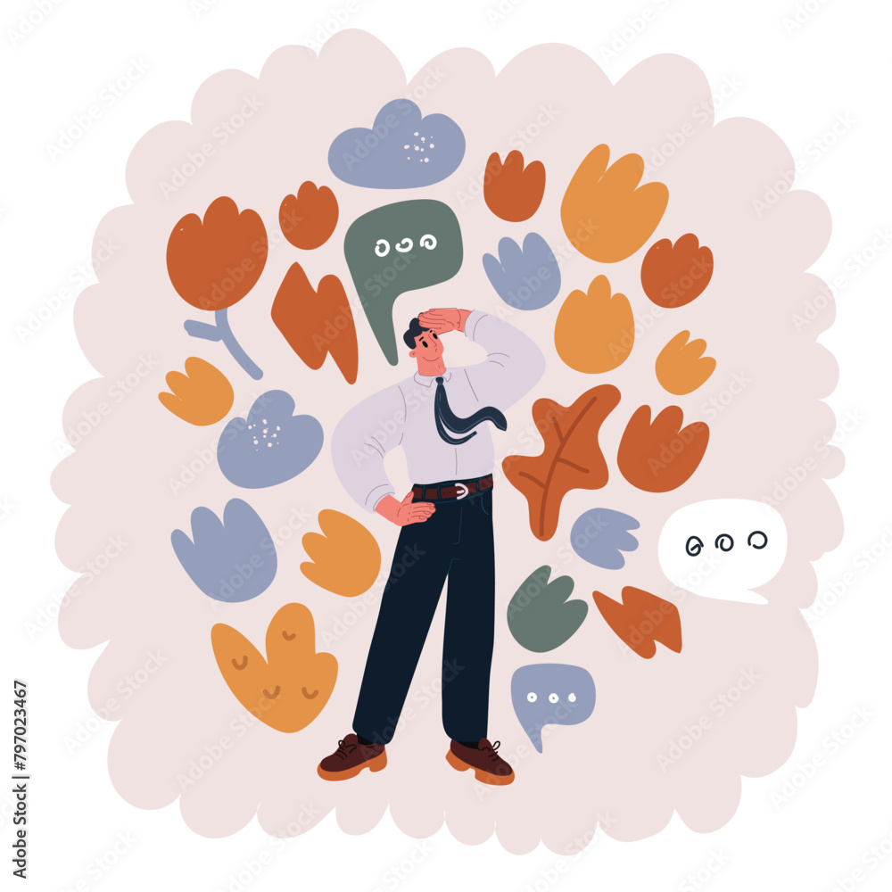 Cartoon vector illustration Young concerned dark skinned man thinking ...