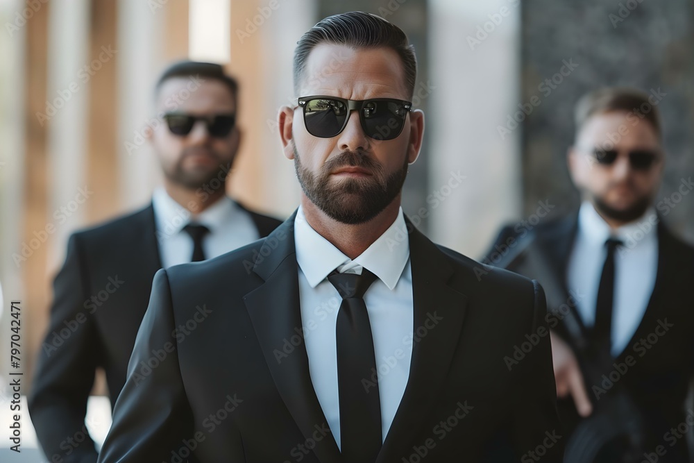 Professional bodyguards in suits and sunglasses serious and ready for ...