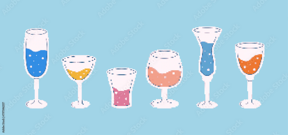 Drinks beverages set pixel art style. Retro 8 bit cocktail sprite ...