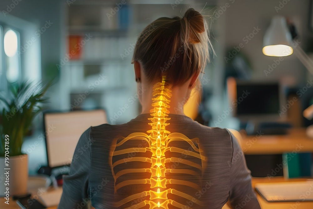 Womans highlighted spine in office showing neck and back pain. Concept Back Pain, Office ...