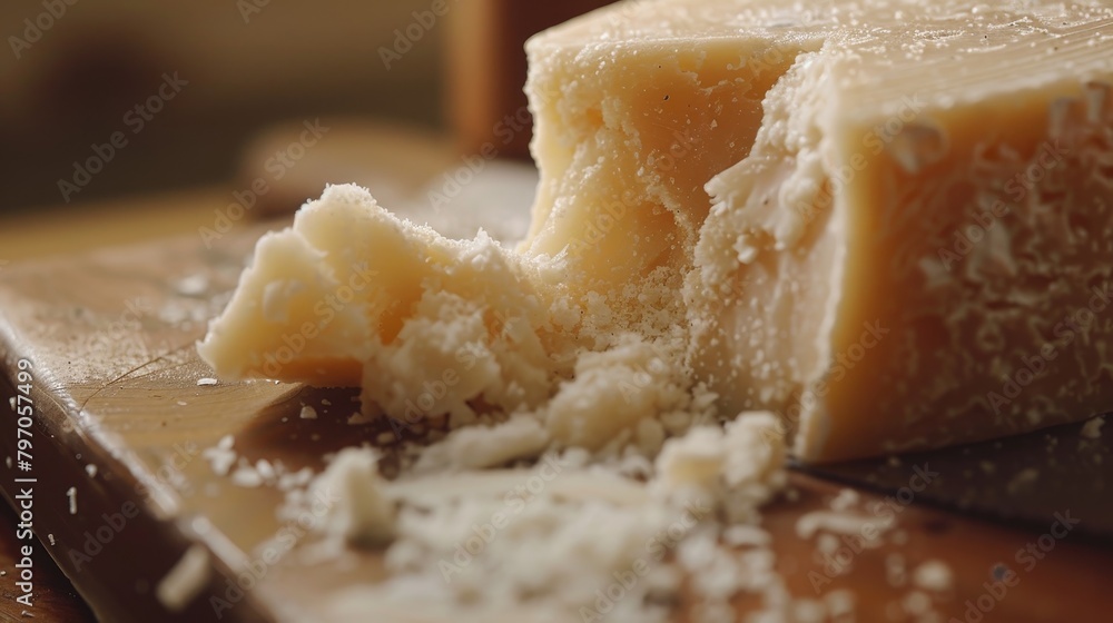 Macro photograph of Parmesan cheese featuring a large wedge with ...