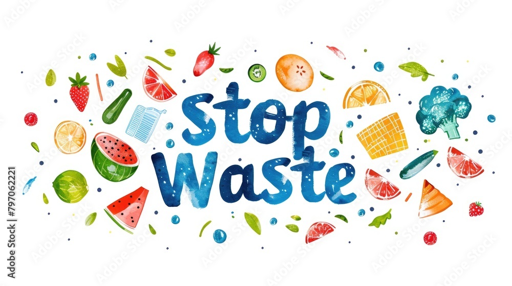 Dynamic Stop Food Waste Eco Campaign. Hand-drawn illustration with an ...