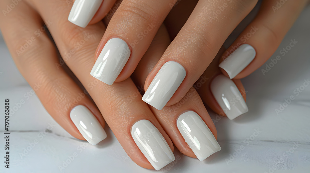 A detailed look at the flawless white manicure on beautiful hands ...