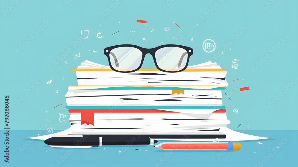 A flat vector graphic of an organized stack of papers with glasses and ...