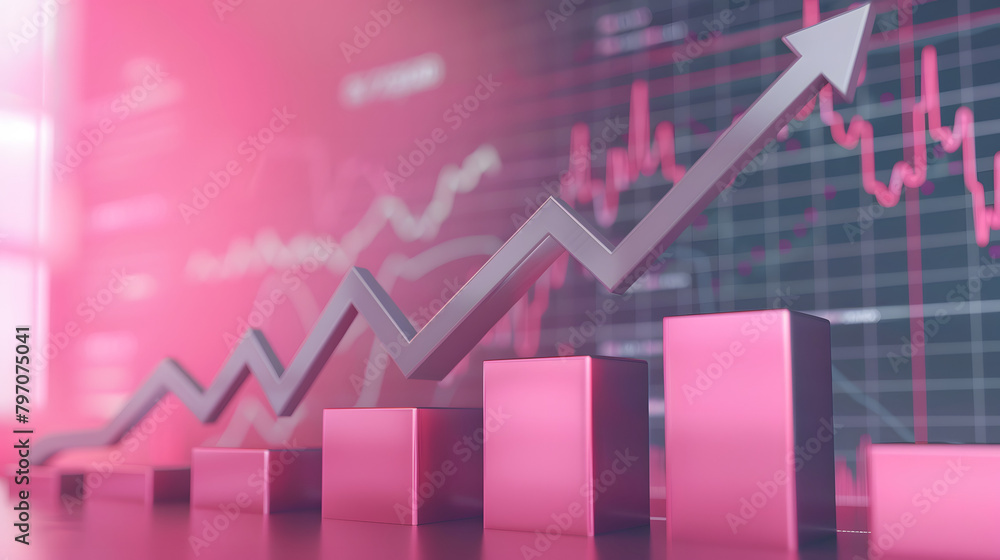 A gray arrow pointing upwards on an upward moving column chart. with ...