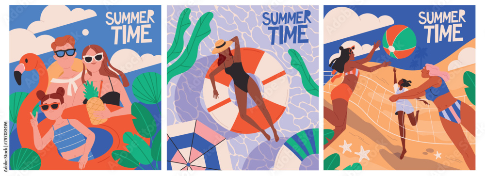 Summer Time Posters Set. Friends playing beach volleyball, girl ...