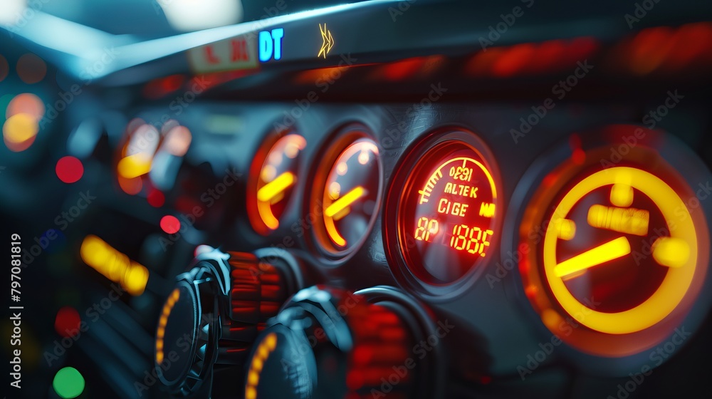 Car dashboard close-up with warning lights (symbols) showing fault ...