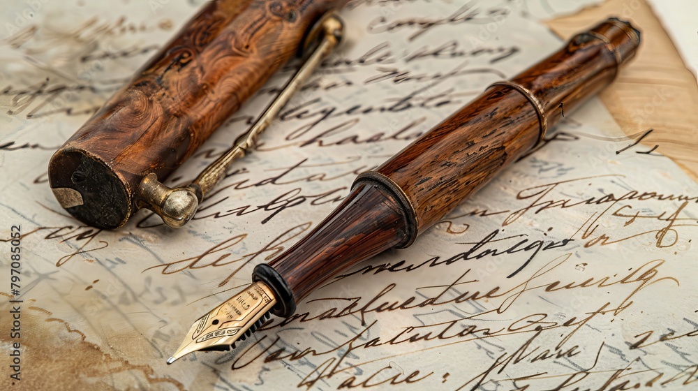 Fountain pen on an antique handwritten letter. Vintage nib pen and ...
