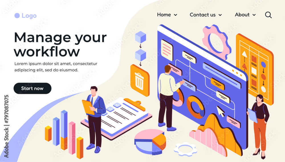 Workflow and business management. Landing page template with office ...