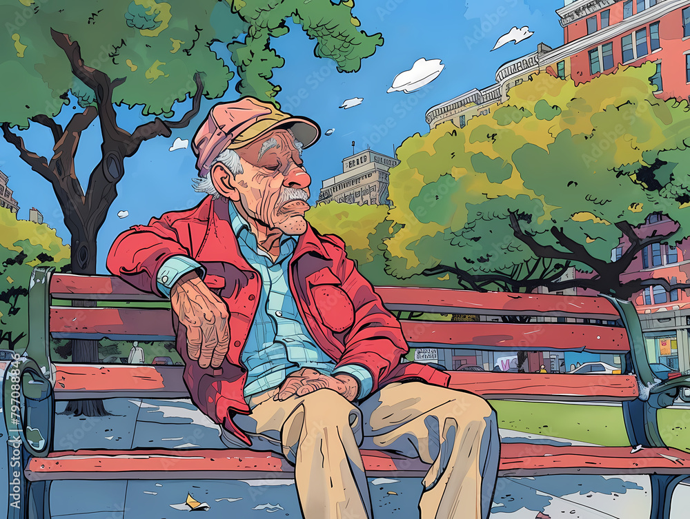 Elderly Man Contemplating on Park Bench Senior Citizen Enjoying a Sunny ...